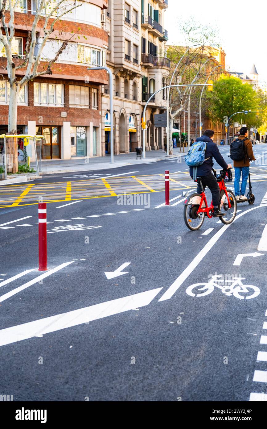 Cycle lane marking and separation from car traffic in Barcelona, Spain ...