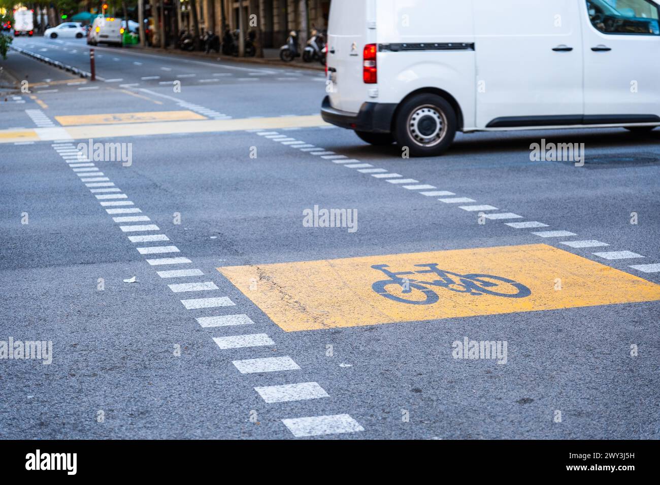 Cycle lane marking and separation from car traffic in Barcelona, Spain ...
