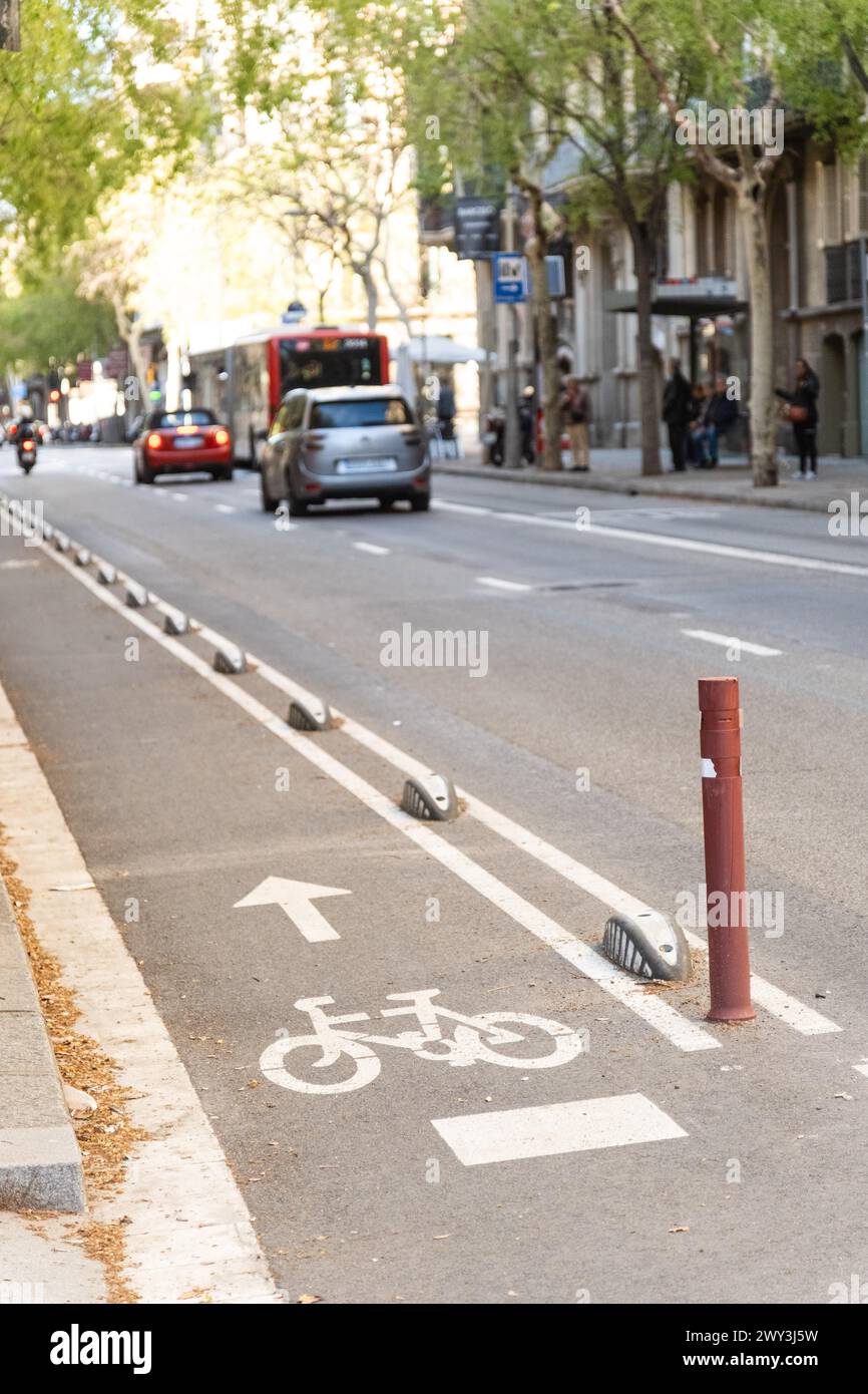 Cycle lane marking and separation from car traffic in Barcelona, Spain ...