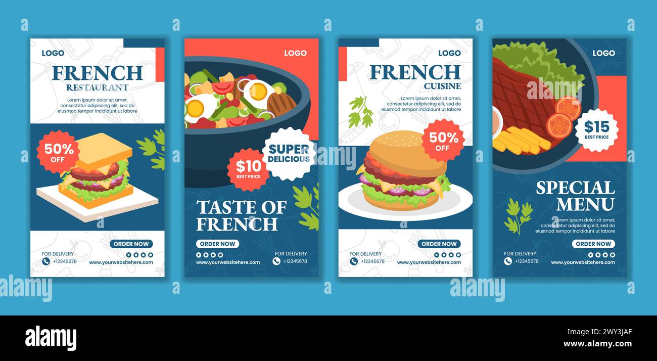 French Restaurant Social Media Stories Flat Cartoon Hand Drawn ...