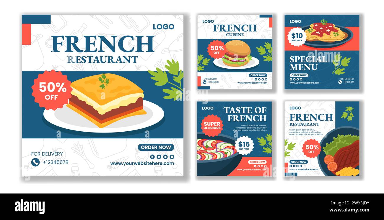 French Restaurant Social Media Post Flat Cartoon Hand Drawn Templates ...