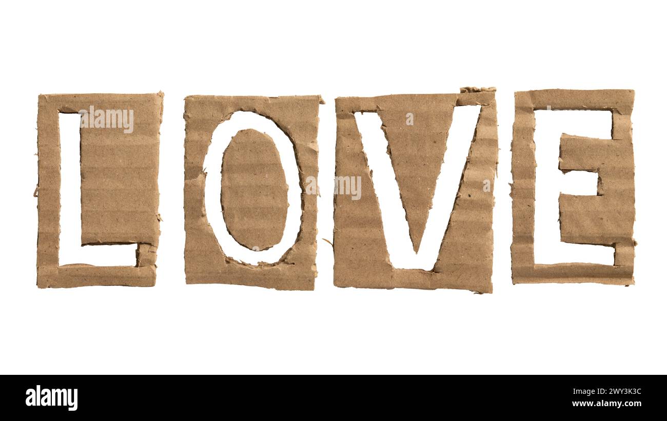 A word "love" crafted from a cardboard on white background with ...