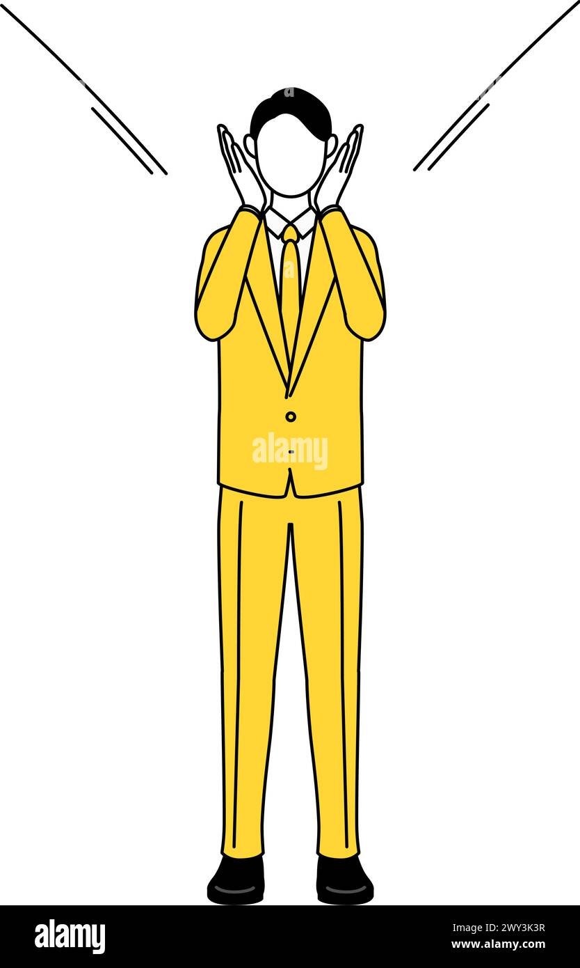 Simple line drawing illustration of a businessman in a suit calling out ...