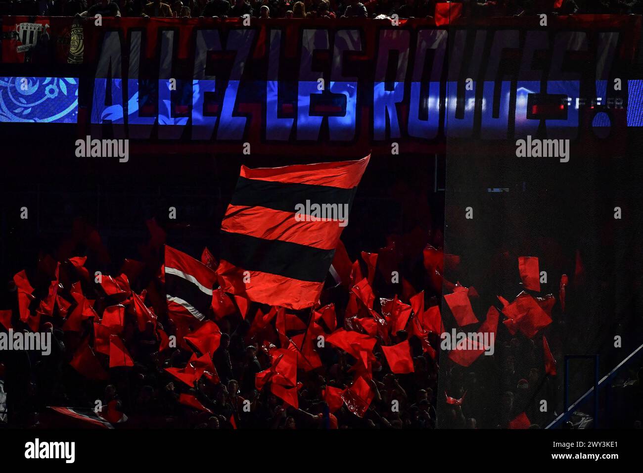 Paris, France. 03rd Apr, 2024. Stade Rennais' supporters cheer their ...