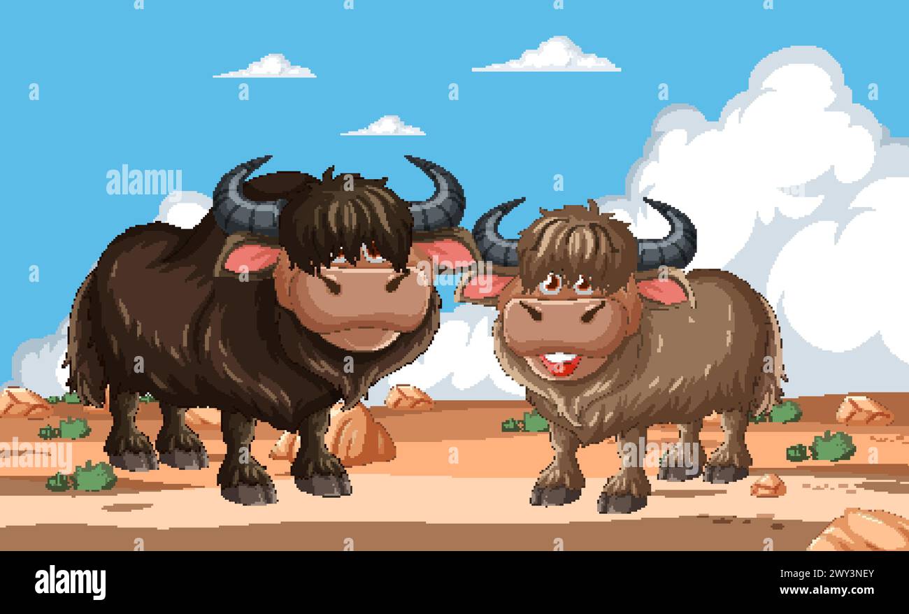 Two cartoon yaks smiling in a desert landscape Stock Vector Image & Art ...
