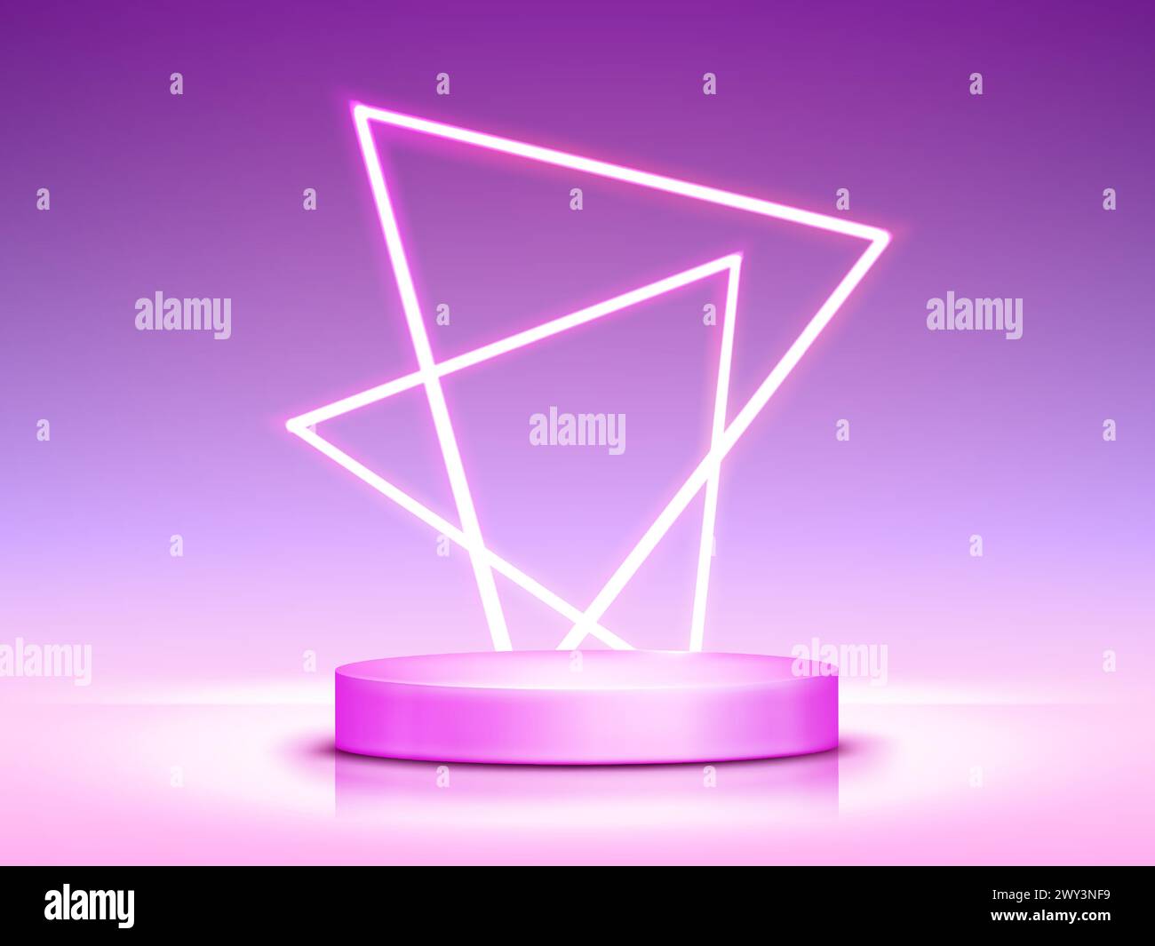 Round podium with abstract neon triangles on purple and pink abstract ...