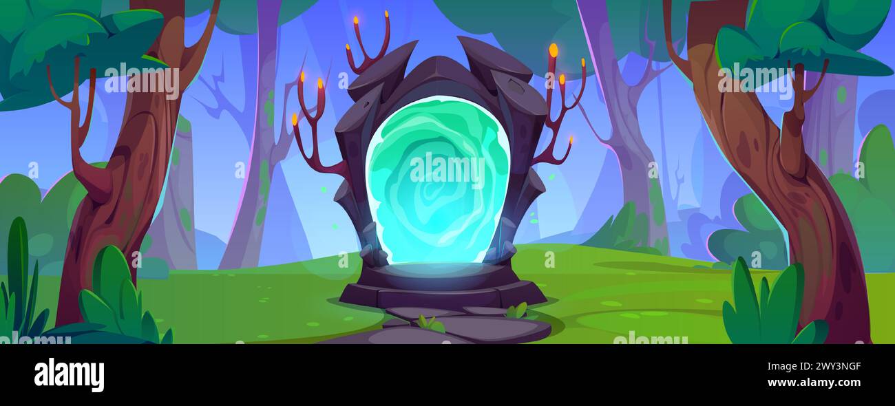 Magic portal in stone doorway standing in forest with green trees and ...