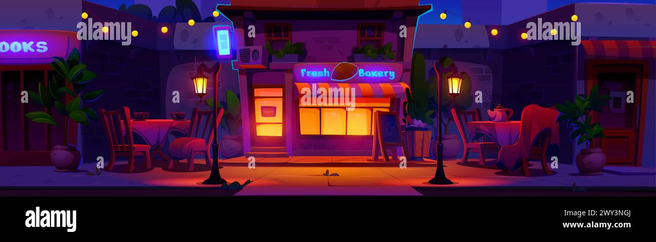 Night city cafe. Outside street bar or restaurant cartoon background ...