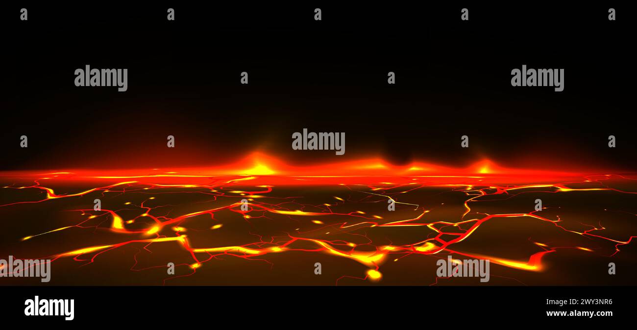 Lava crack texture with fire on ground vector. Hell light effect with ...