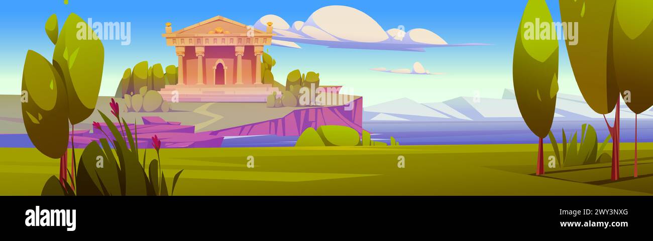 Ancient Greek pantheon building with columns and stairs, green grass ...