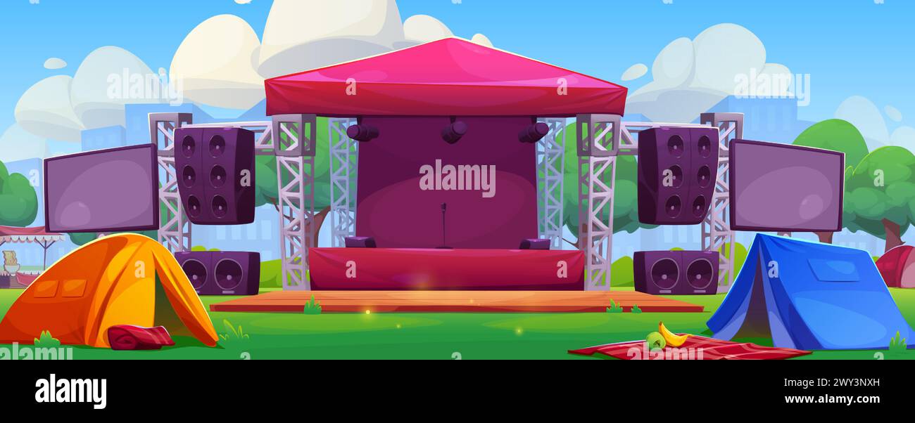 Music festival stage in summer park. Vector cartoon illustration of ...