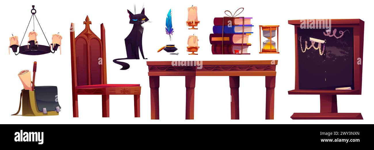 Magic school room with wizard book cartoon game. Halloween medieval ...