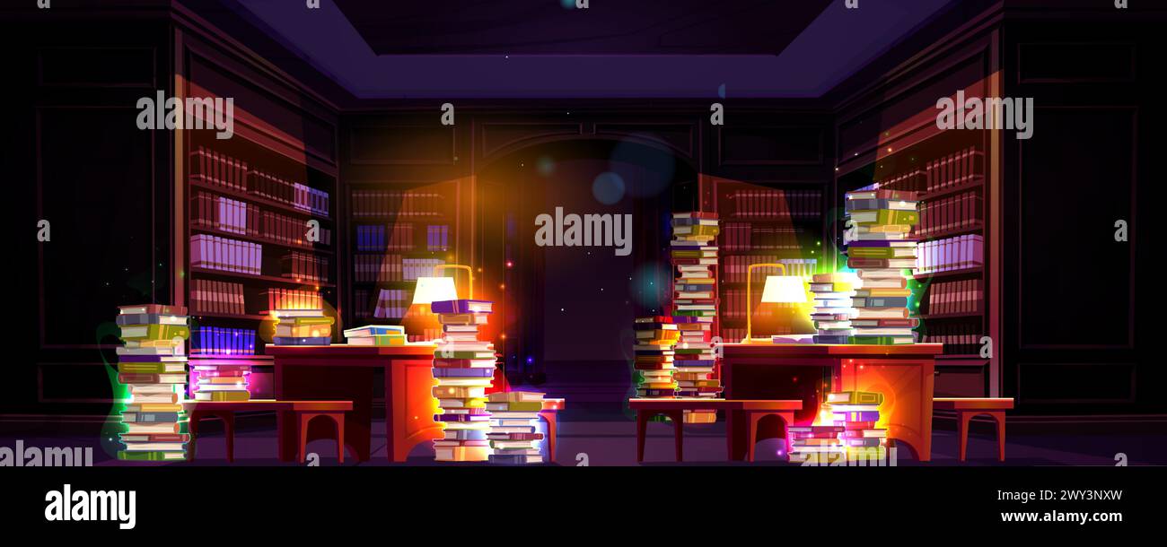 Magic school library room interior with fantasy wizard book on bookcase ...