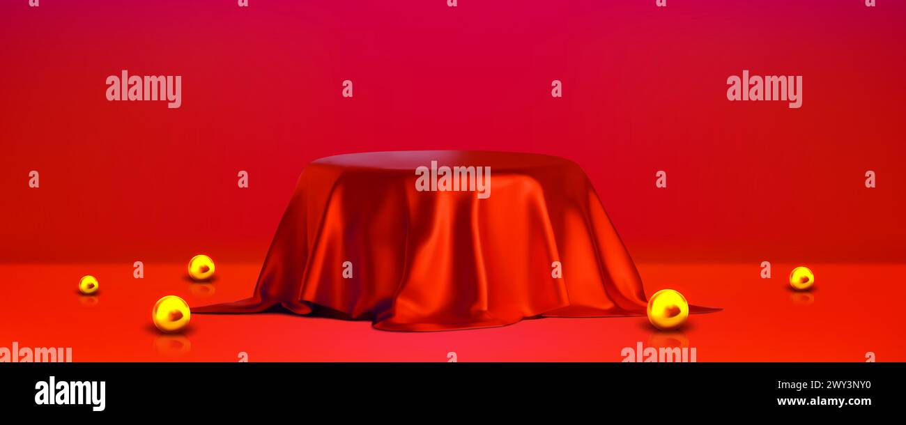Red reveal cloth podium. Unveil fabric cover box background. 3d secret ...
