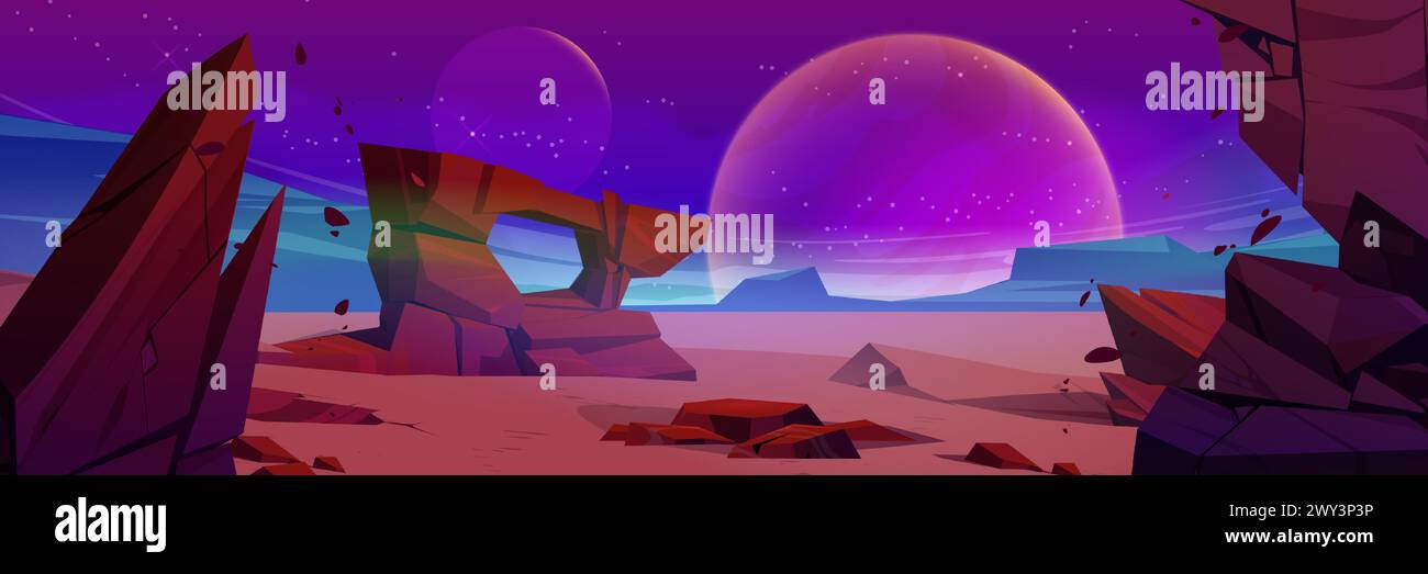 Alien planet background with rocky terrain. Vector cartoon illustration ...