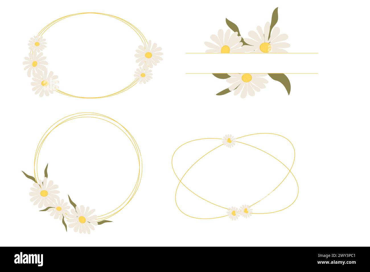 Daisy thin line frame oval wreath, border with flowers and leaves ...
