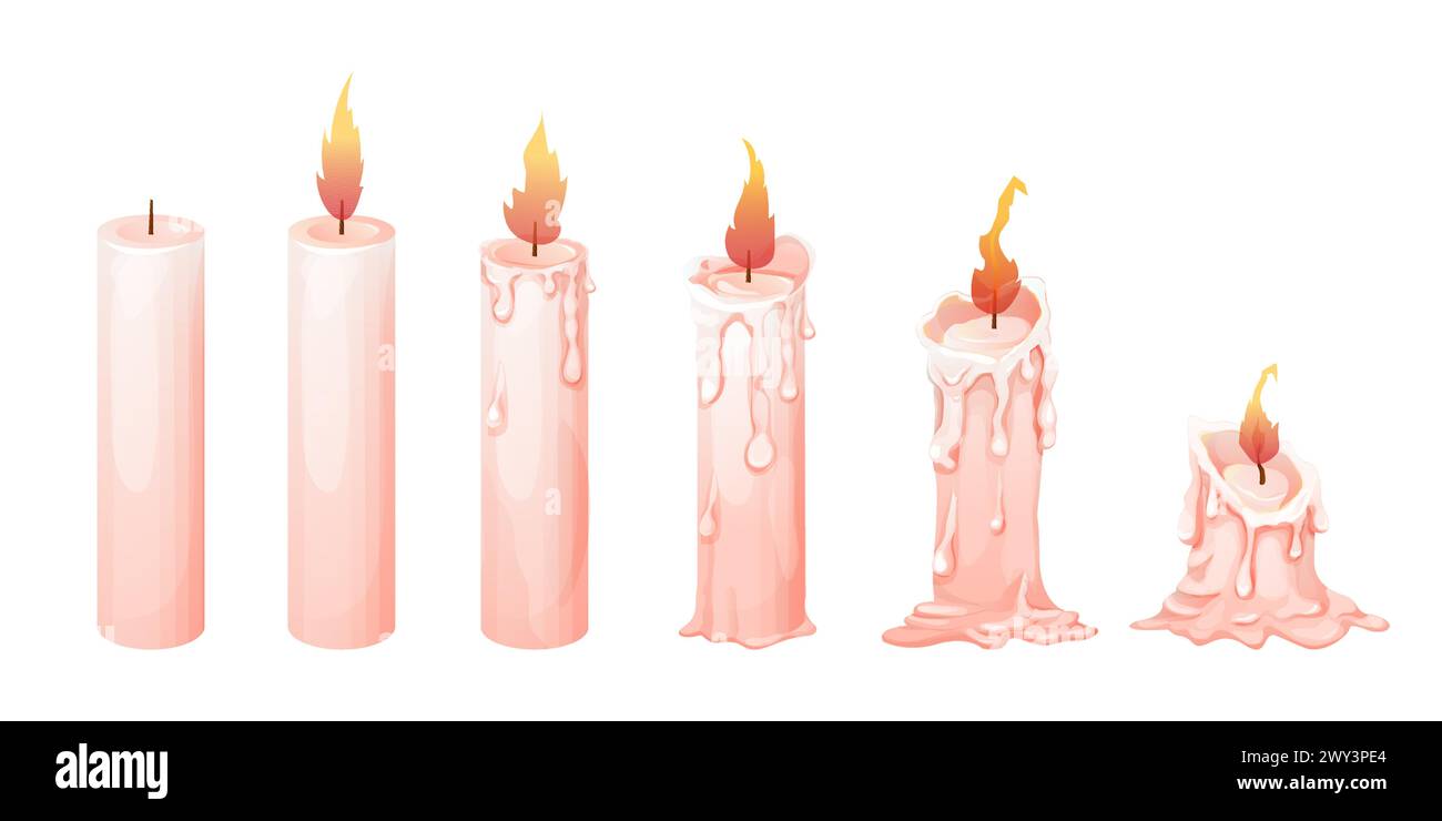 Set wax candle stages burning with fire, flame in cartoon style ...