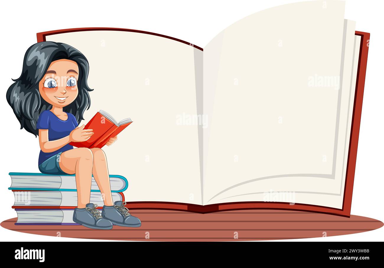Cartoon girl reading on a pile of books Stock Vector Image & Art - Alamy