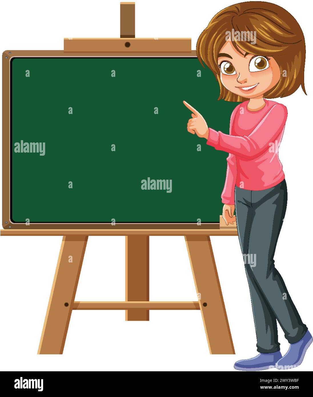 Cartoon teacher pointing at an empty green chalkboard Stock Vector ...