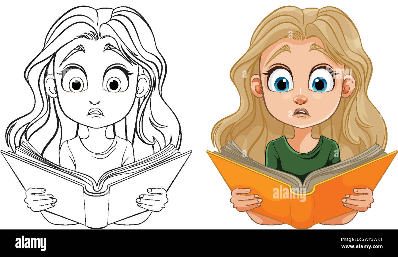 Colorful and line art illustrations of a girl reading Stock Vector ...
