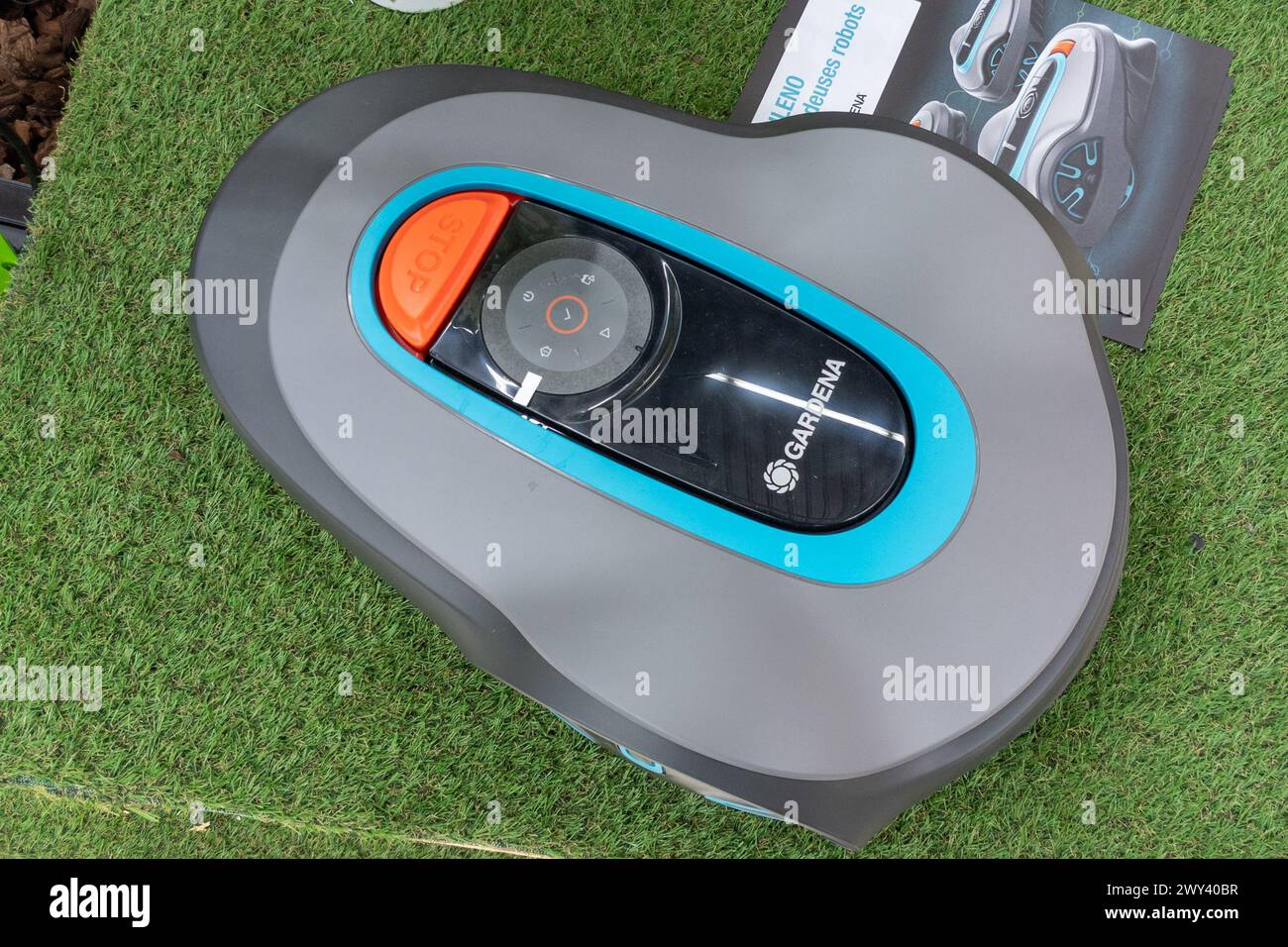 Bordeaux , France - 04 02 2024 : Gardena autonomous robotic lawn mower ...