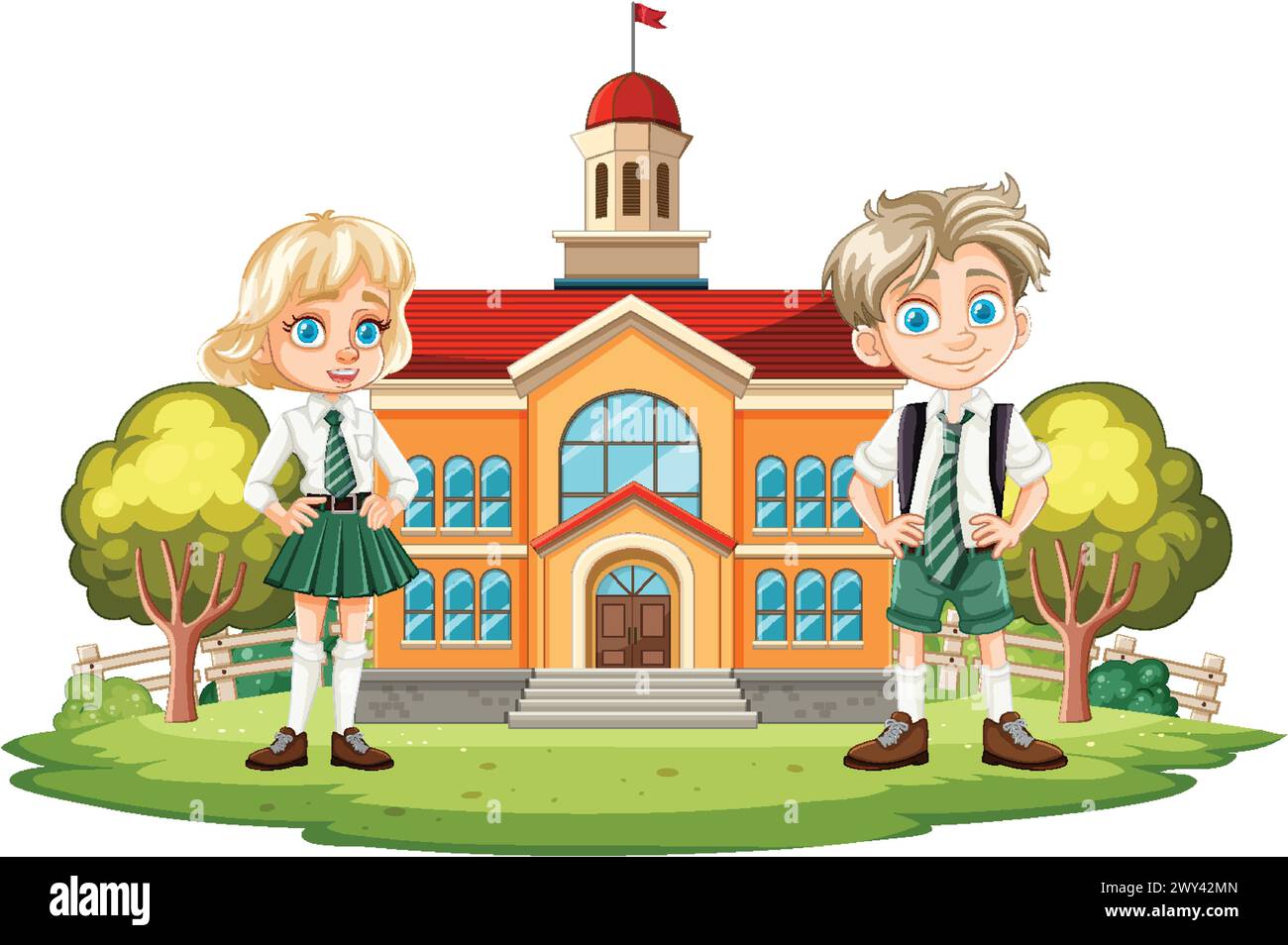 Two cartoon children standing in front of a school Stock Vector Image ...