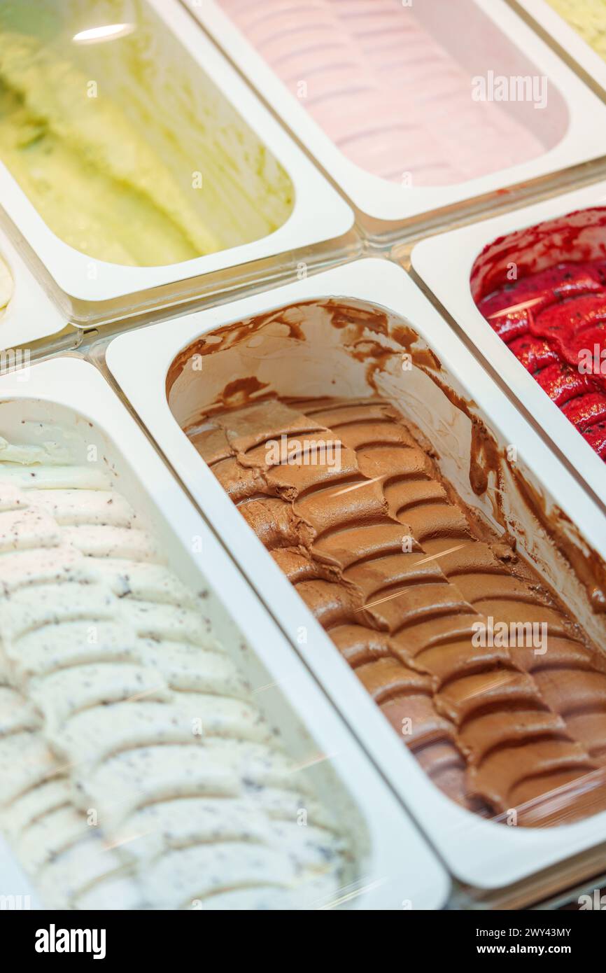 Colorful Assortment of Gelato Flavors in a Display Case at an Italian ...