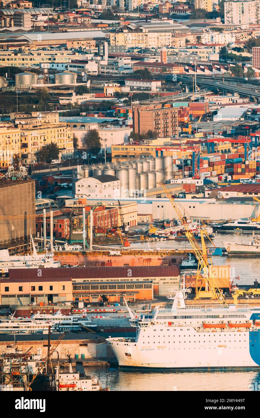 Naples, Italy. Top View Of Barge Freight Ship Tanker And Container ...