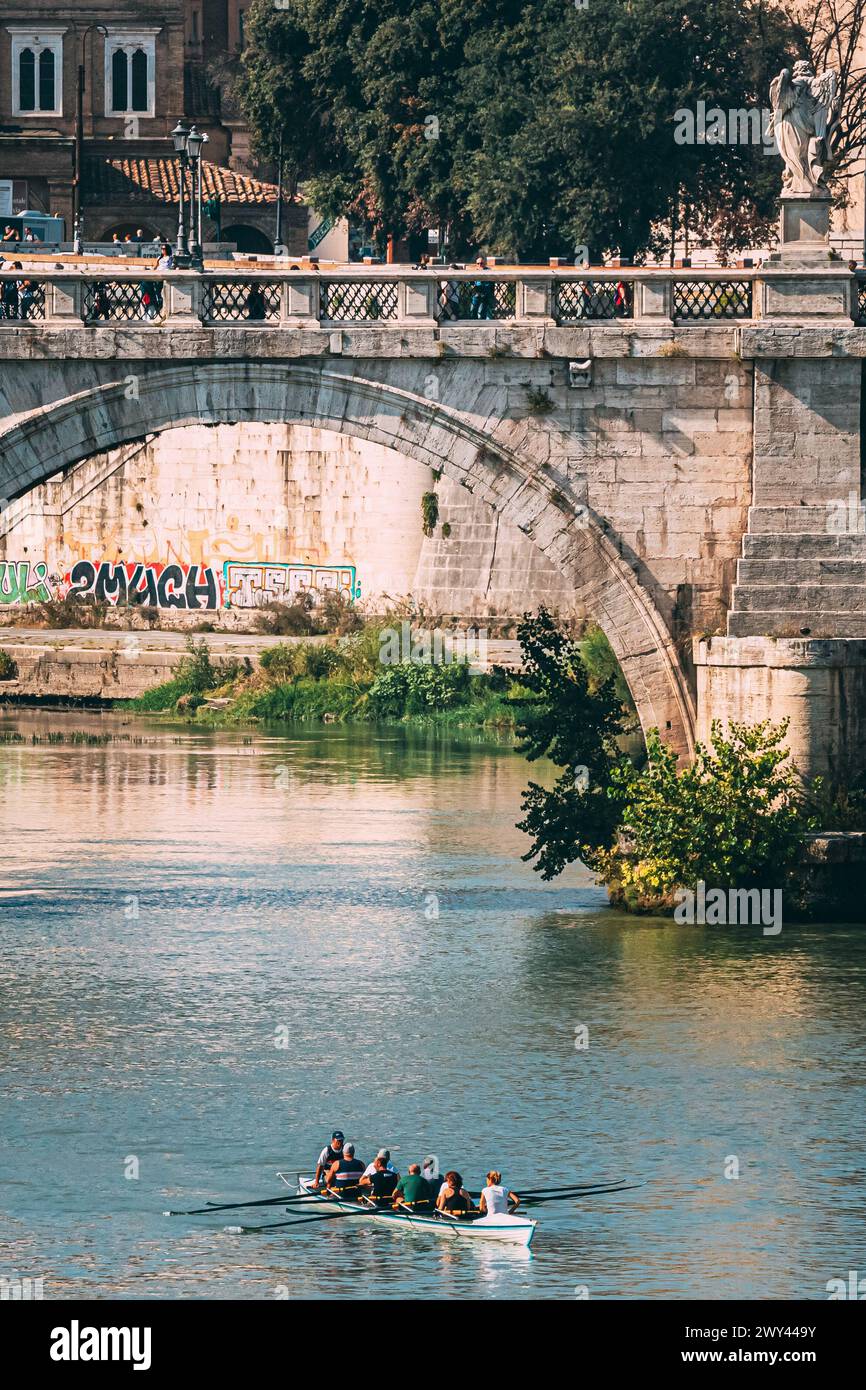 Rome, Italy. Group Of People Training On Kayak. Sightseeing Boat ...