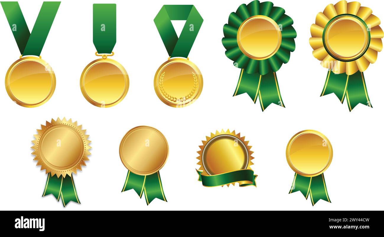 simple elegant gold medal green ribbon set vector isolated on ...