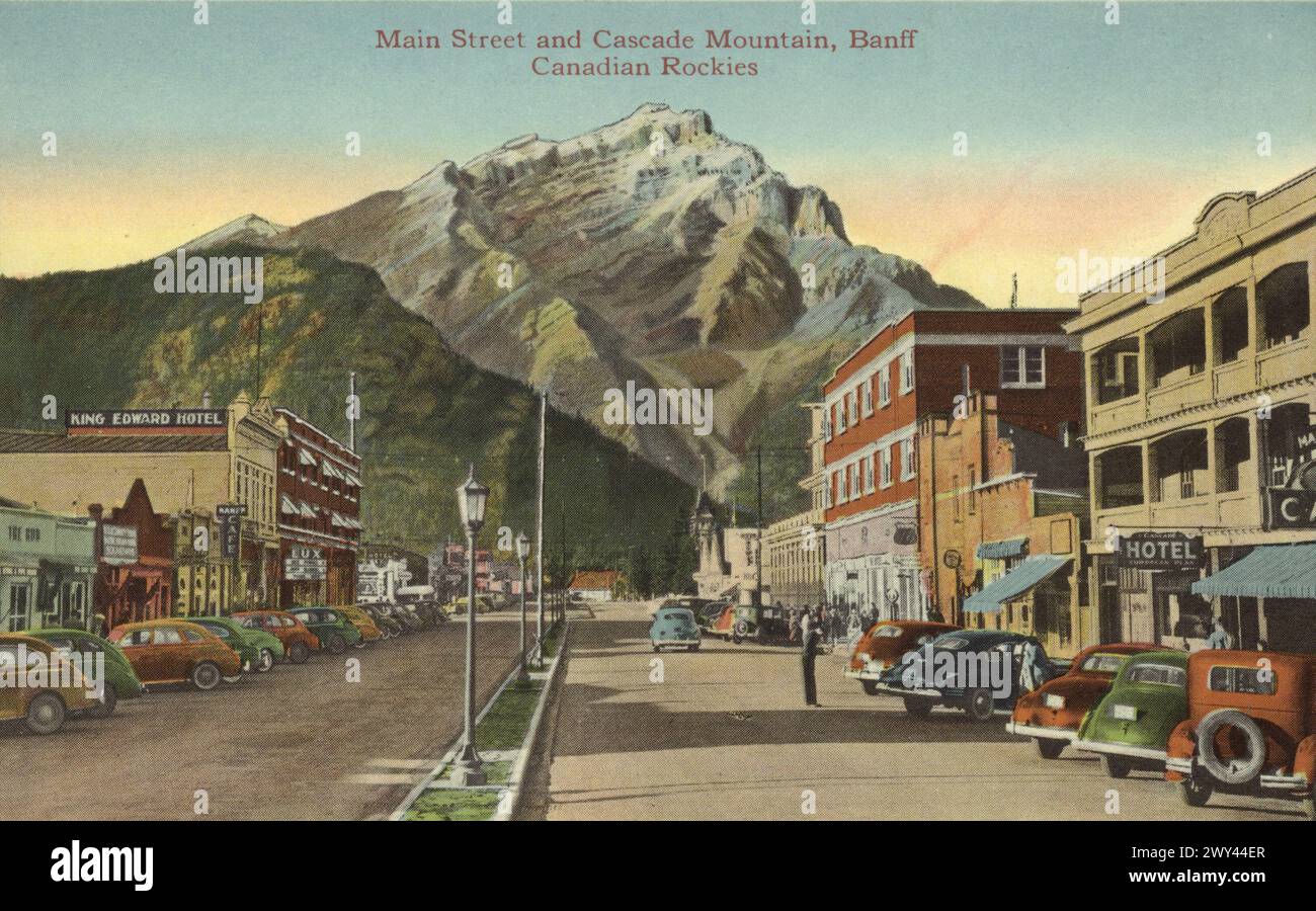 Vintage postcard of the main street of Banff, Alberta, and Cascade ...