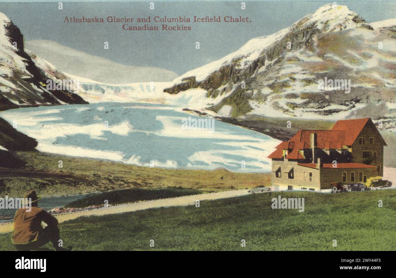 Vintage postcard of Athabaska Glacier and Columbia Icefield Chalet from ...
