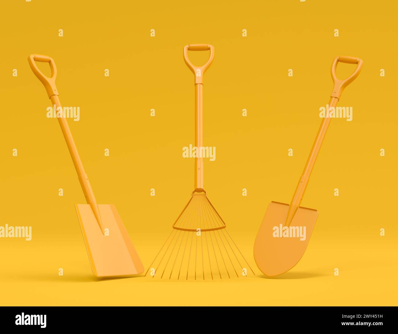 Garden shovel, pitchfork and rake on monochrome background. 3d render ...