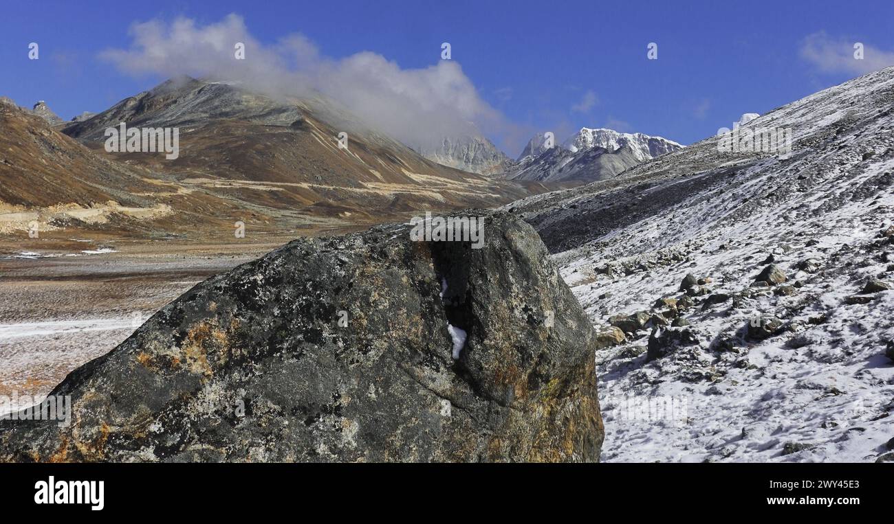 scenic alpine valley and surrounding snowcapped himalaya mountains at ...