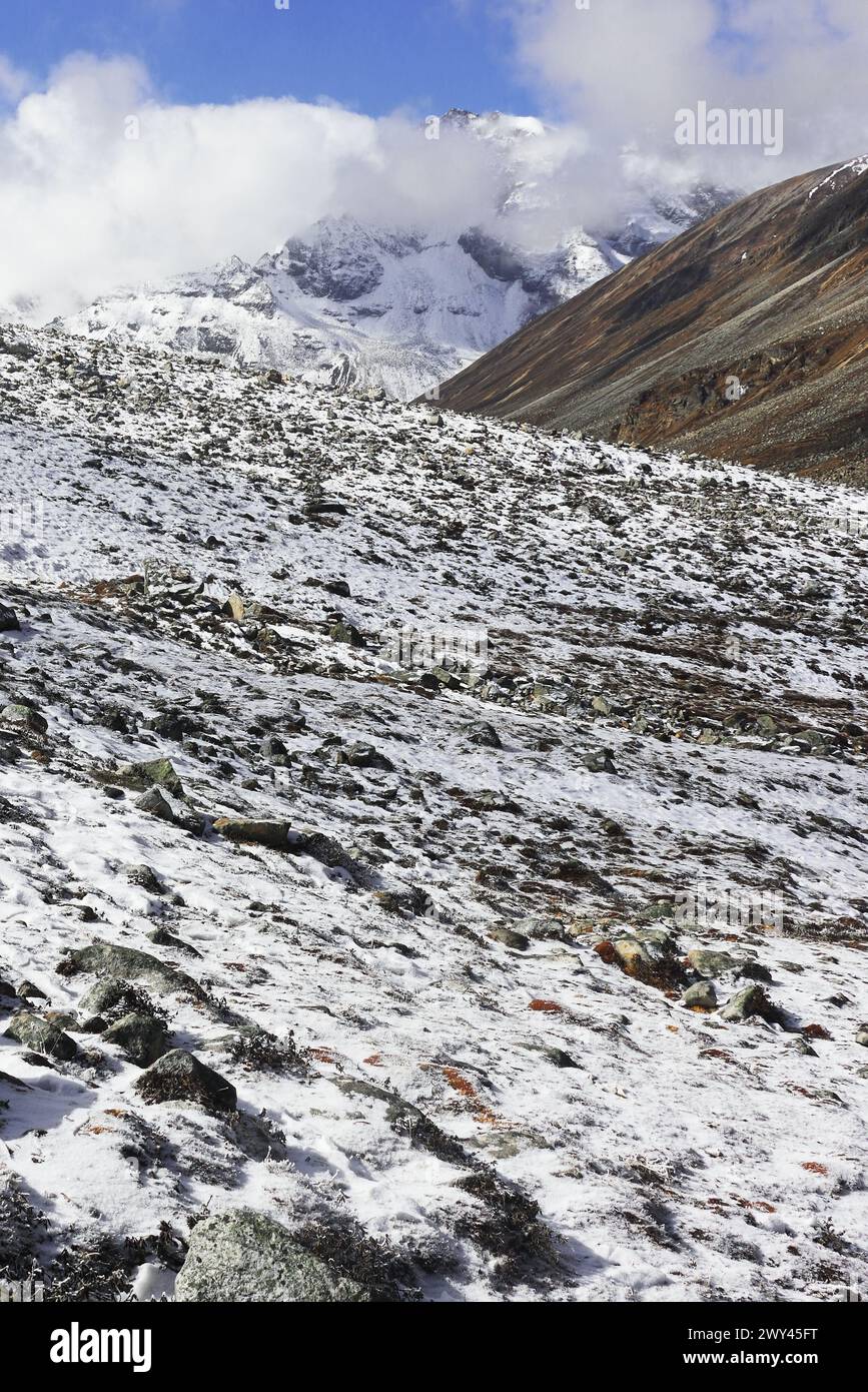 scenic alpine valley and surrounding snowcapped himalaya mountains at ...