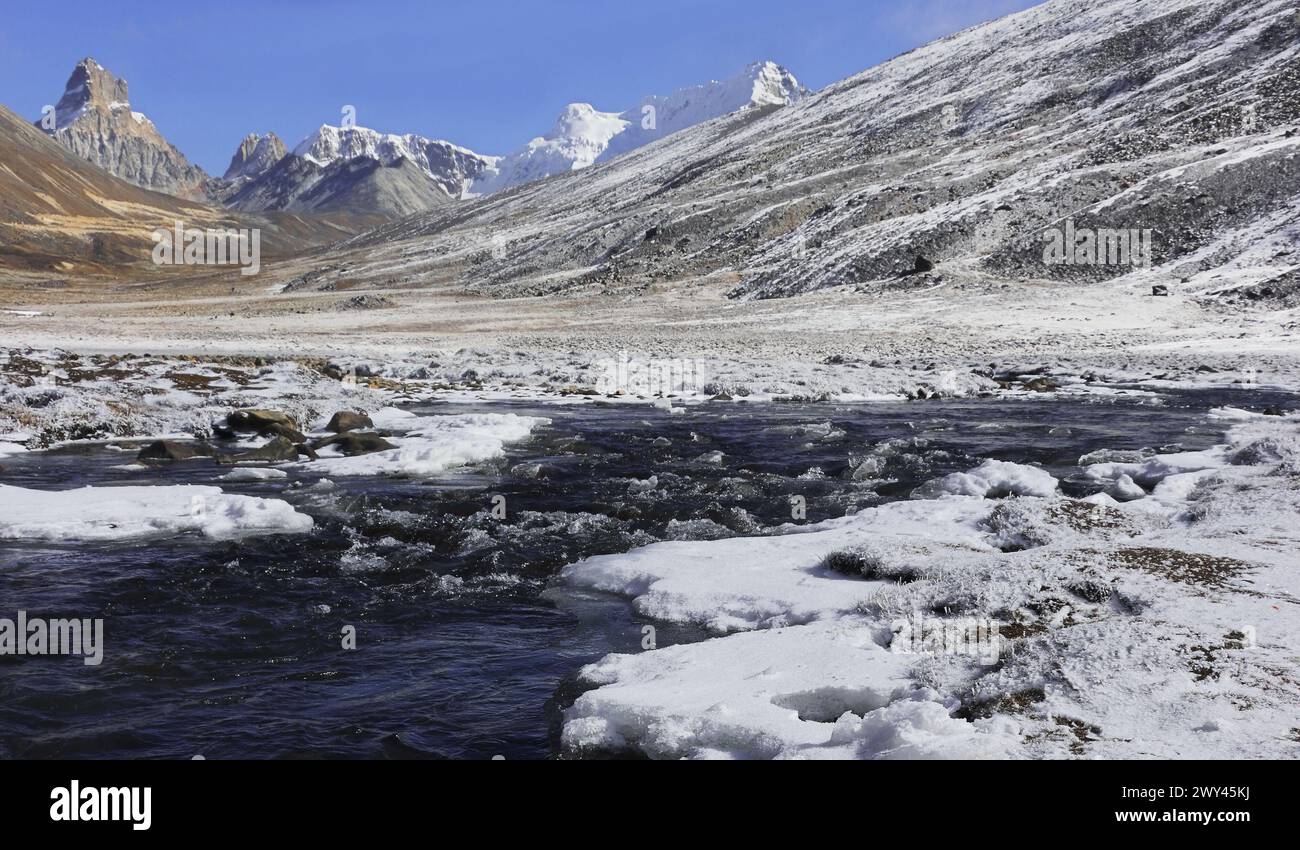 scenic alpine valley and surrounding snowcapped himalaya mountains at ...