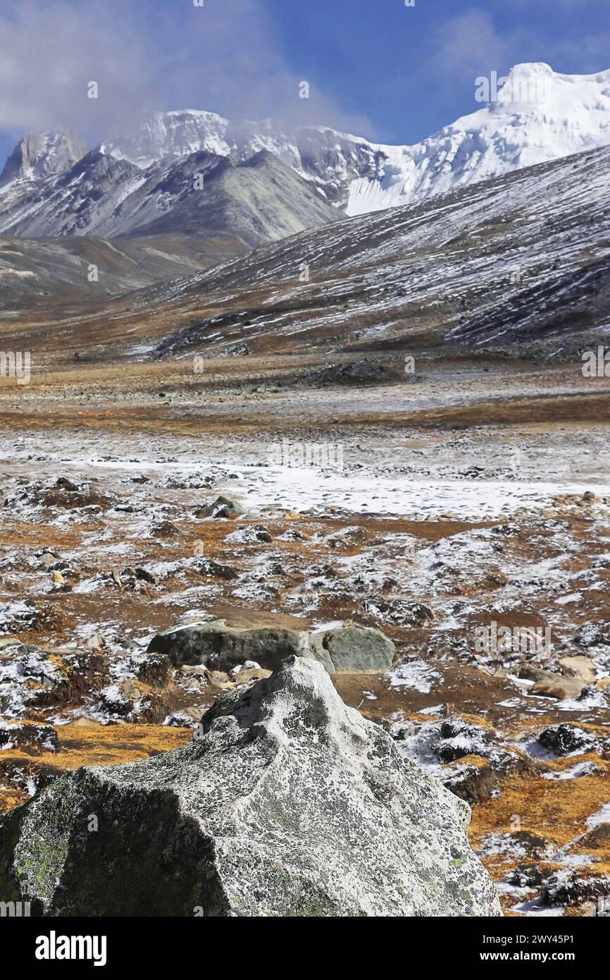 scenic alpine valley and surrounding snowcapped himalaya mountains at ...