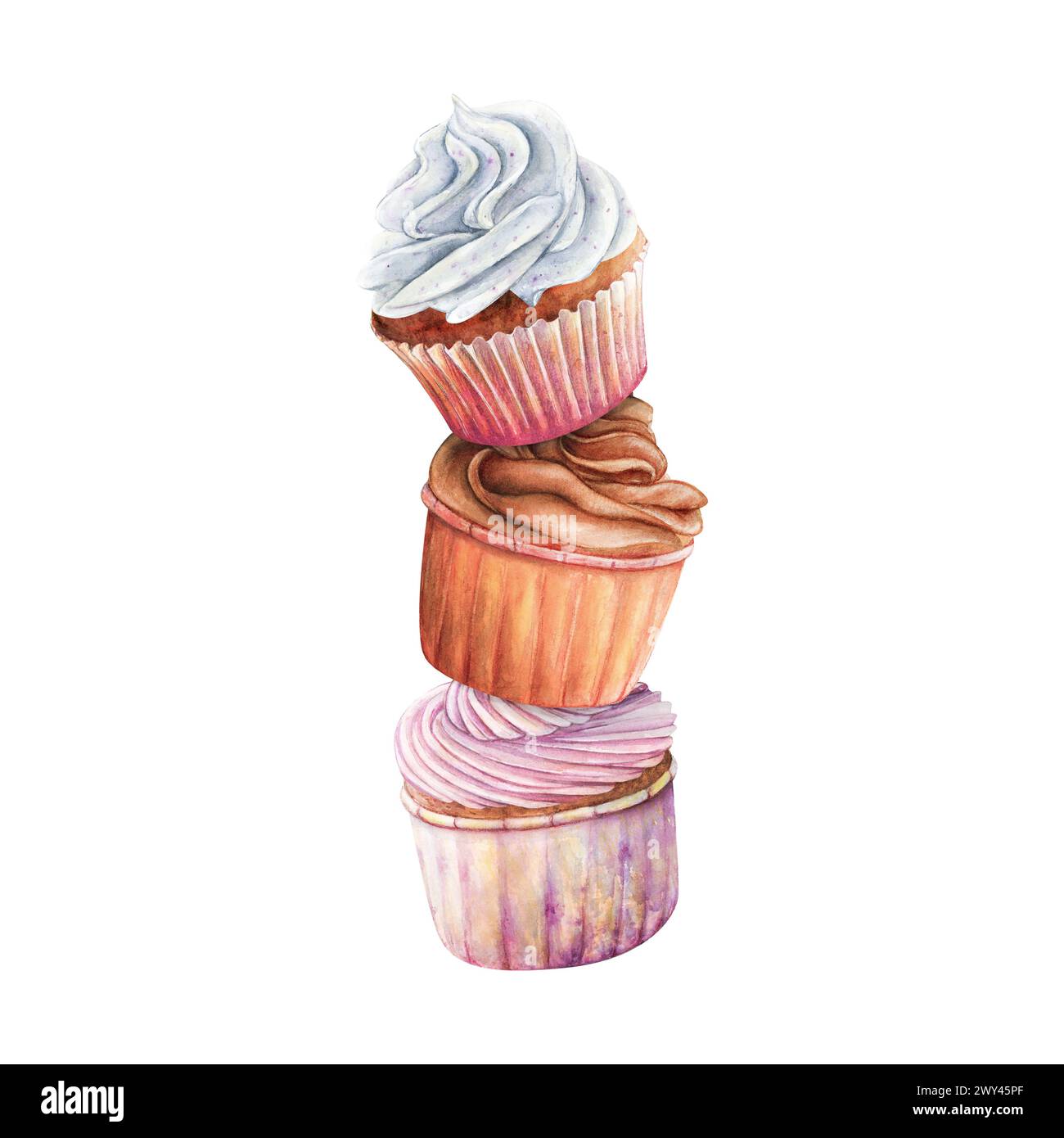 Cupcake muffin tower watercolor drawing chocolate vanilla cream. Cake ...