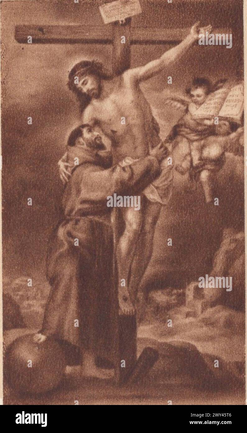 vintage holy card of Saint Francis Embracing Christ on the Cross ...