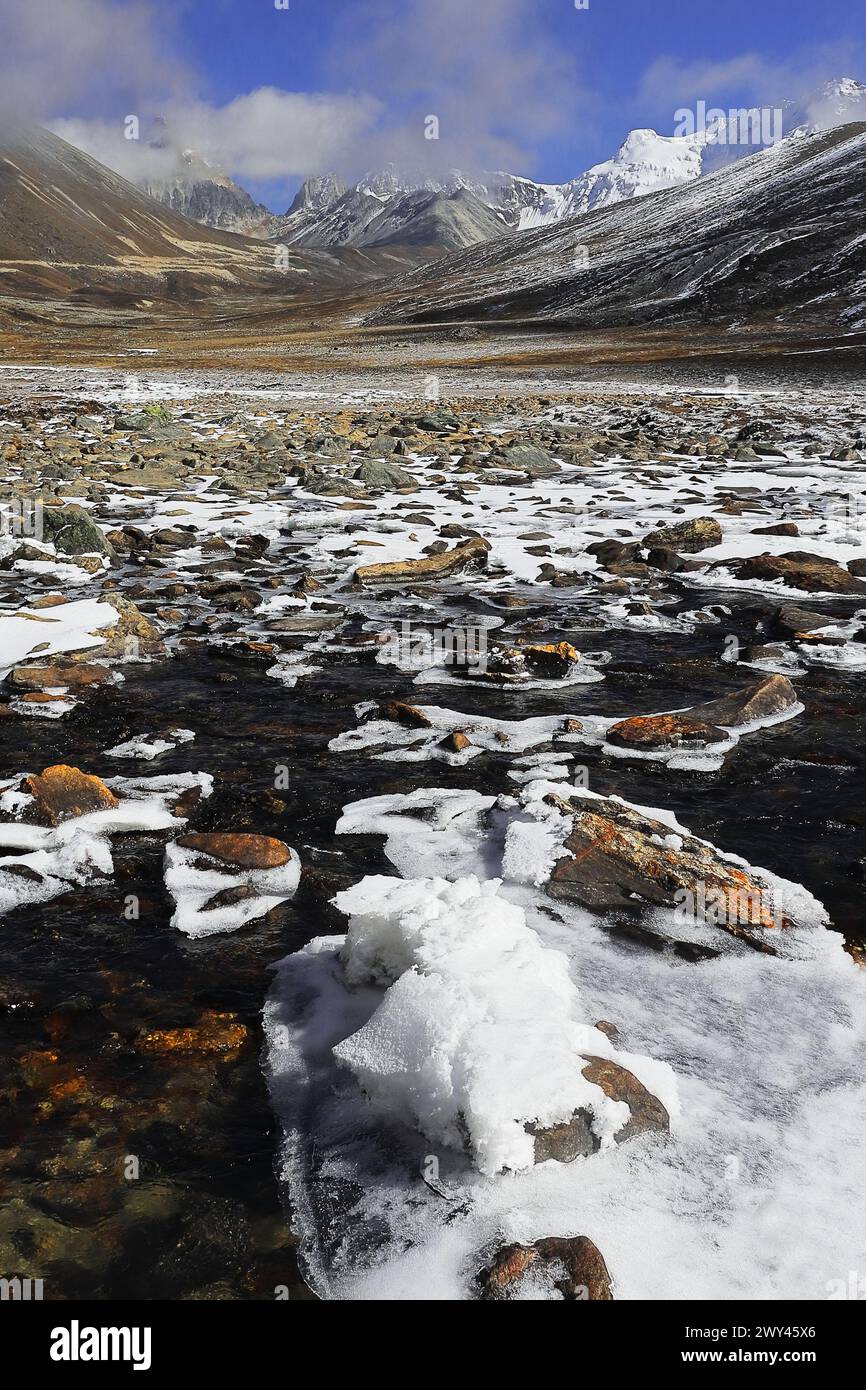 scenic alpine valley and surrounding snowcapped himalaya mountains at ...