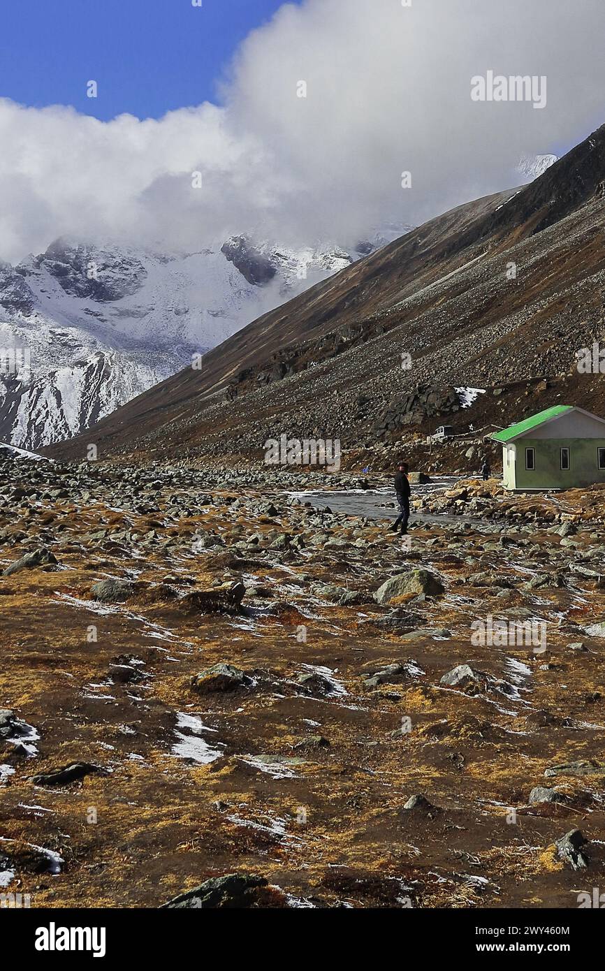 scenic alpine valley and surrounding snowcapped himalaya mountains at ...