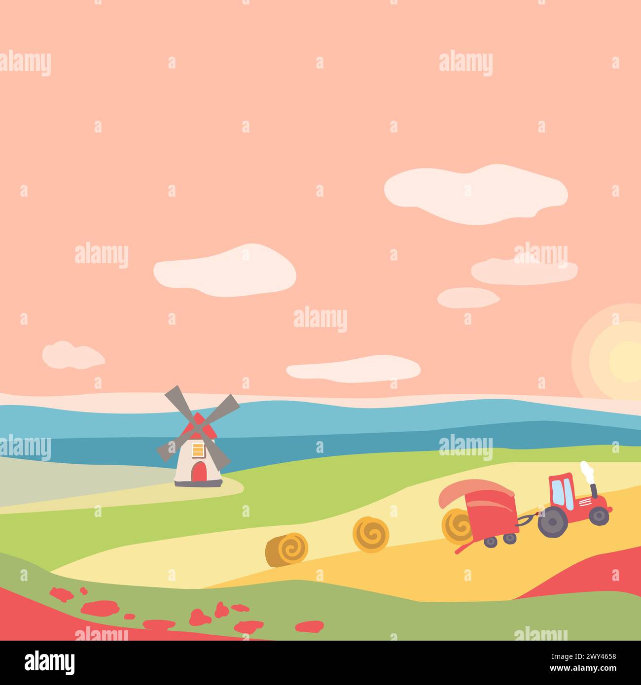 Summer square poster with fields and harvesting. Windmill, tractor with ...