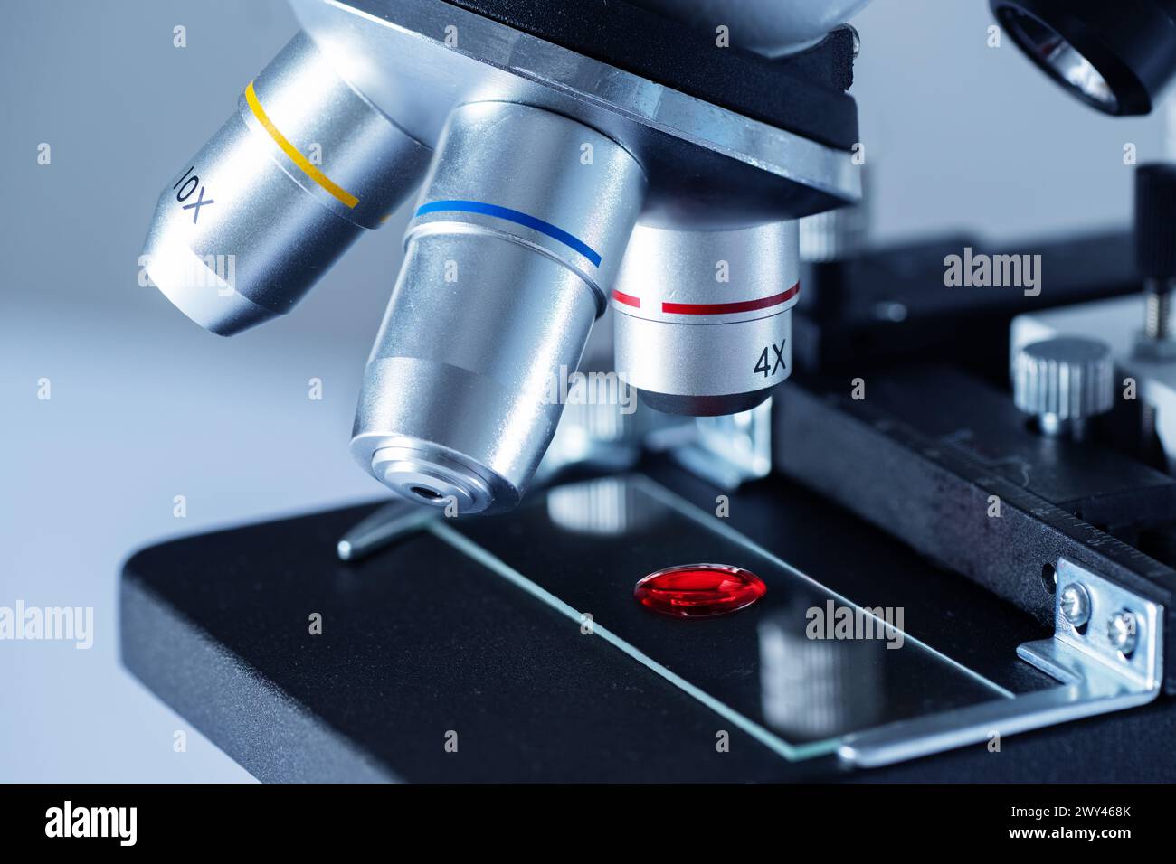 Blood sample on a glass slide under a microscope in the laboratory ...