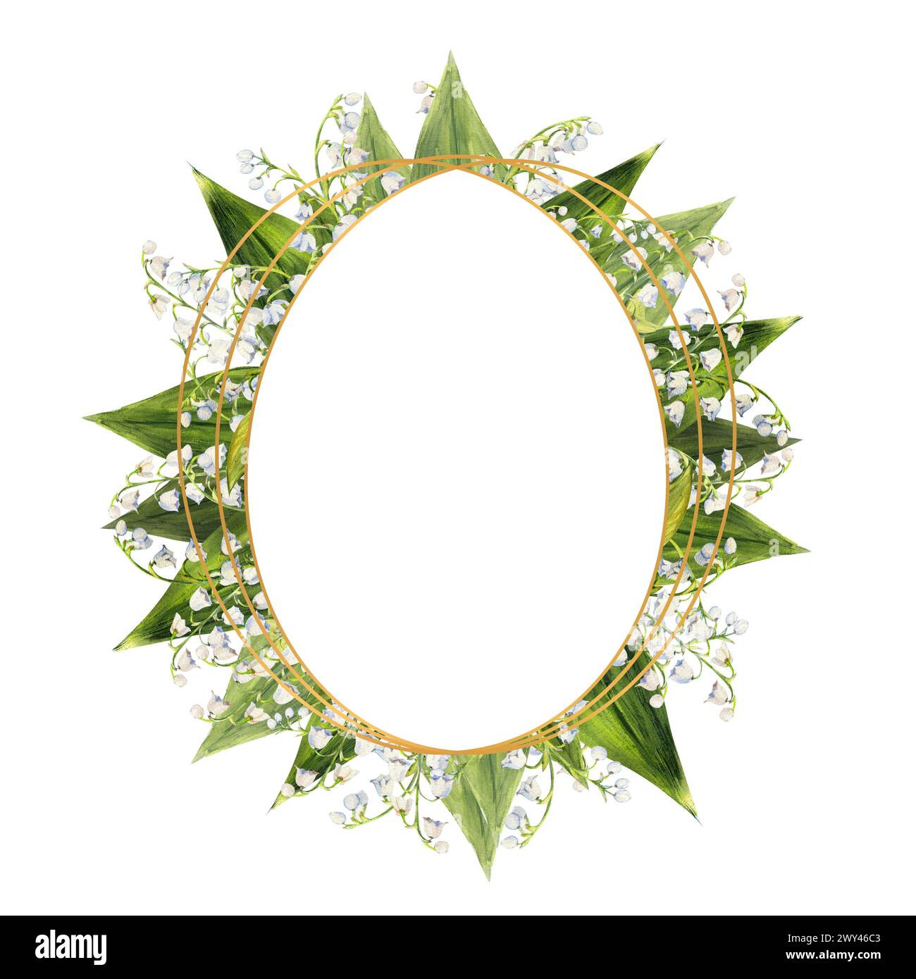 Wreath of spring flowers of lilies of the valley. Hand-drawn watercolor ...
