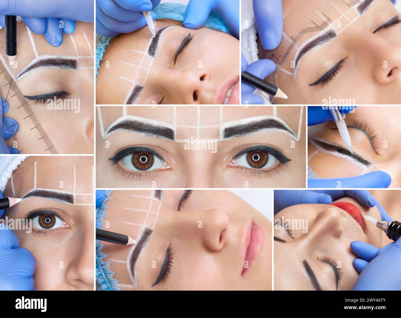 Collage of Permanent makeup procedure for eyebrows and lips of ...