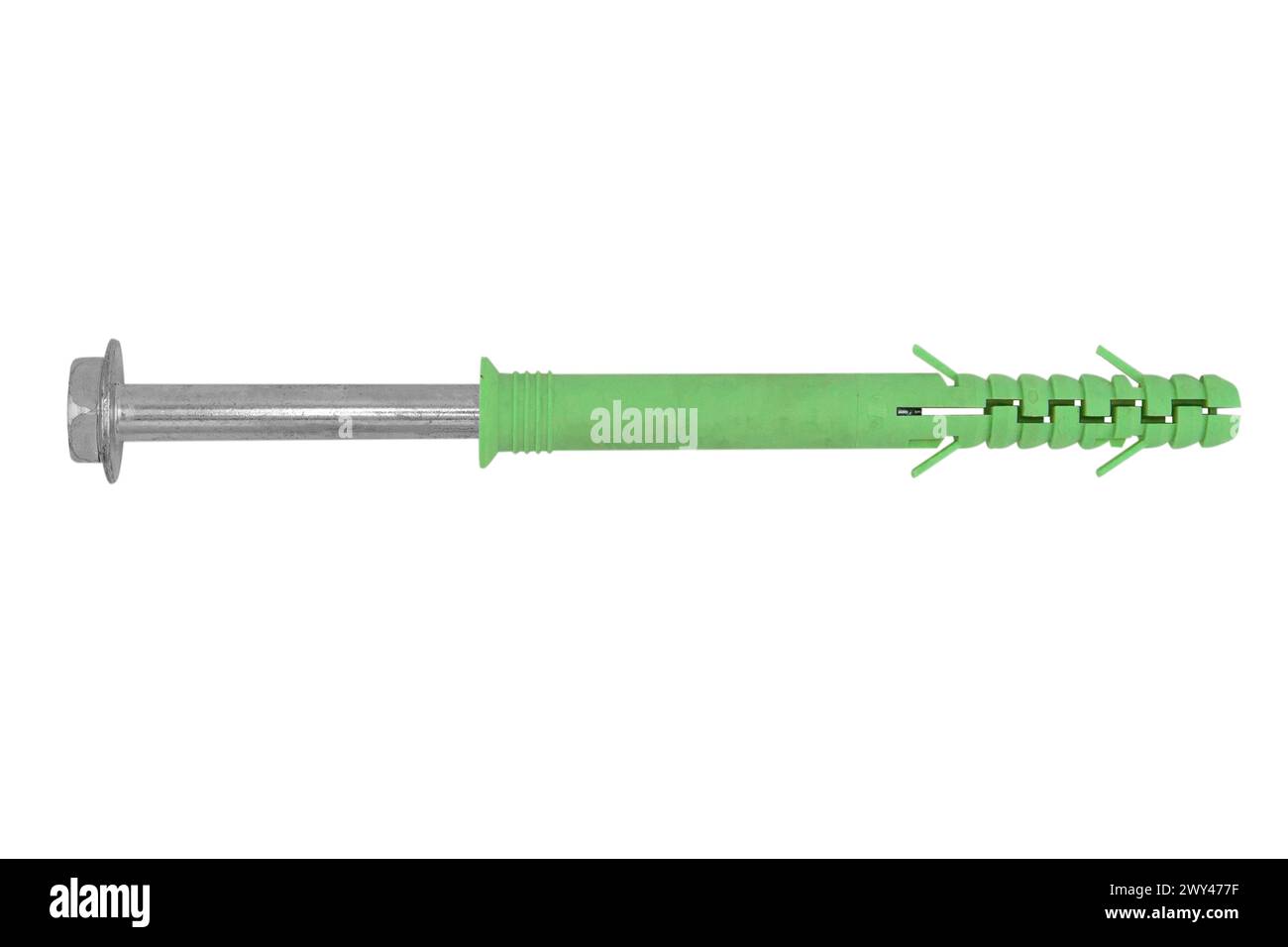 Macro shot yellow plastic dowel and self-tapping screw isolated on white background. Dowels ...