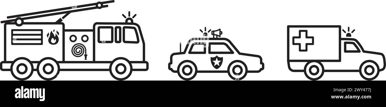simple emergency vehicle set fire engine truck ambulance police car black line outline ...