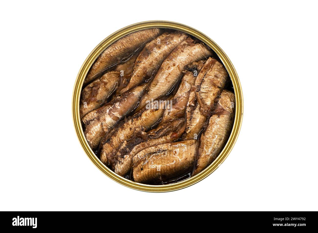 Sprats fish in a metal jar isolated on a white background with clipping ...
