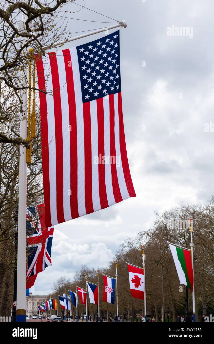 NATO 75th anniversary flags celebration in The Mall, London, UK. Flags ...