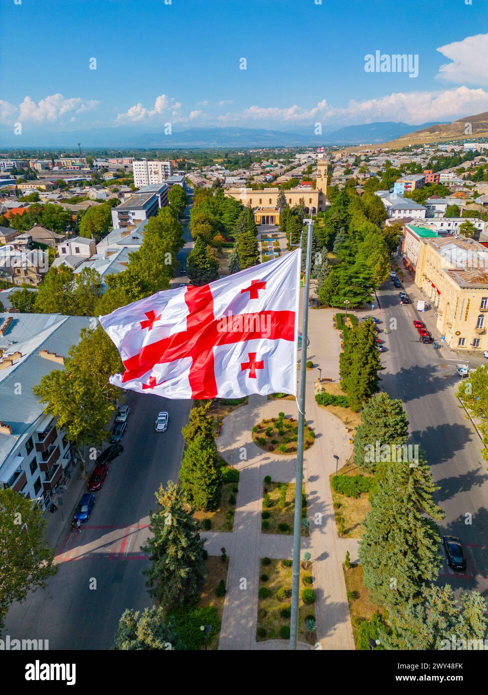Georgian flag and Stalin park and Stalin museum in the center of Gori ...
